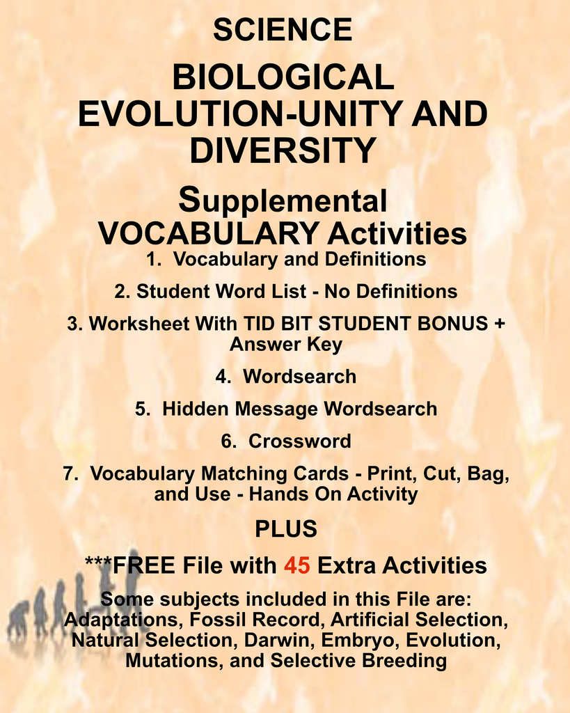 Science BIOLOGICAL EVOLUTION-UNITY AND DIVERSITY Teacher Resource Supp ...