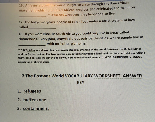 World History 7 THE POSTWAR WORLD Teacher Resource Supplemental Vocabu ...