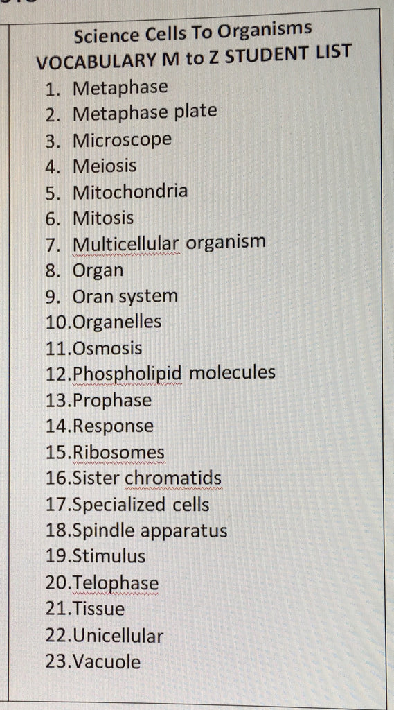 Science FROM CELLS TO ORGANISMS Teacher Resource Supplemental Vocabula ...