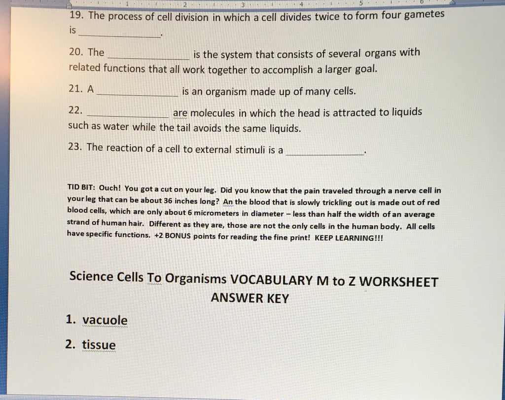 Science FROM CELLS TO ORGANISMS Teacher Resource Supplemental Vocabula ...
