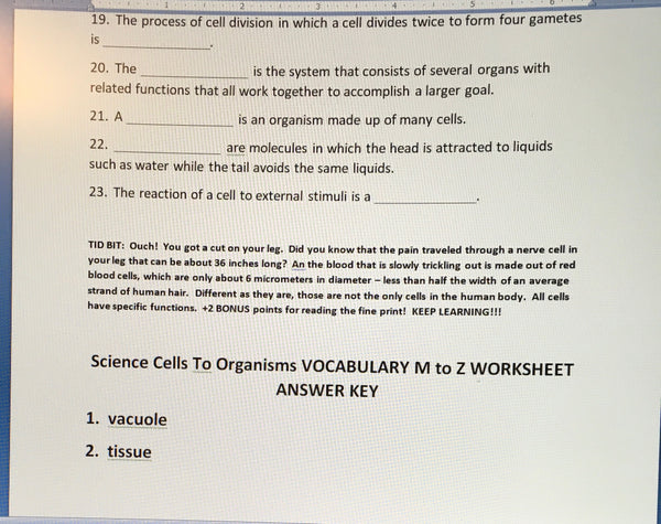 Science FROM CELLS TO ORGANISMS Teacher Resource Supplemental Vocabula ...