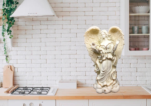 Figurine Angel Holding Bird Music Box White Trimmed in Gold Vintage Be ...