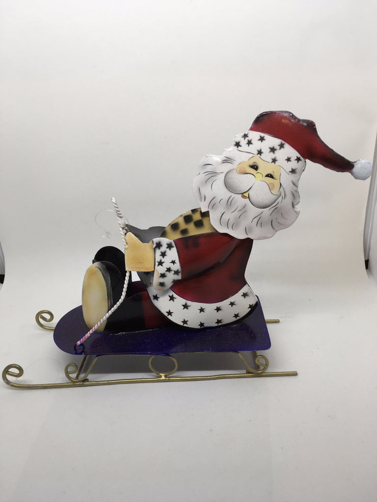 Vintage Metal Santa Sitting on Purplish Blue Sled Holiday Christmas De ...