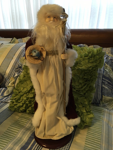 Vintage Table Top Santa in White and Red Holding a Staff and a Blue Bi ...