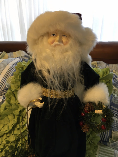 Vintage Table Top Santa in White and Green Holding a Wreath and Bag of ...
