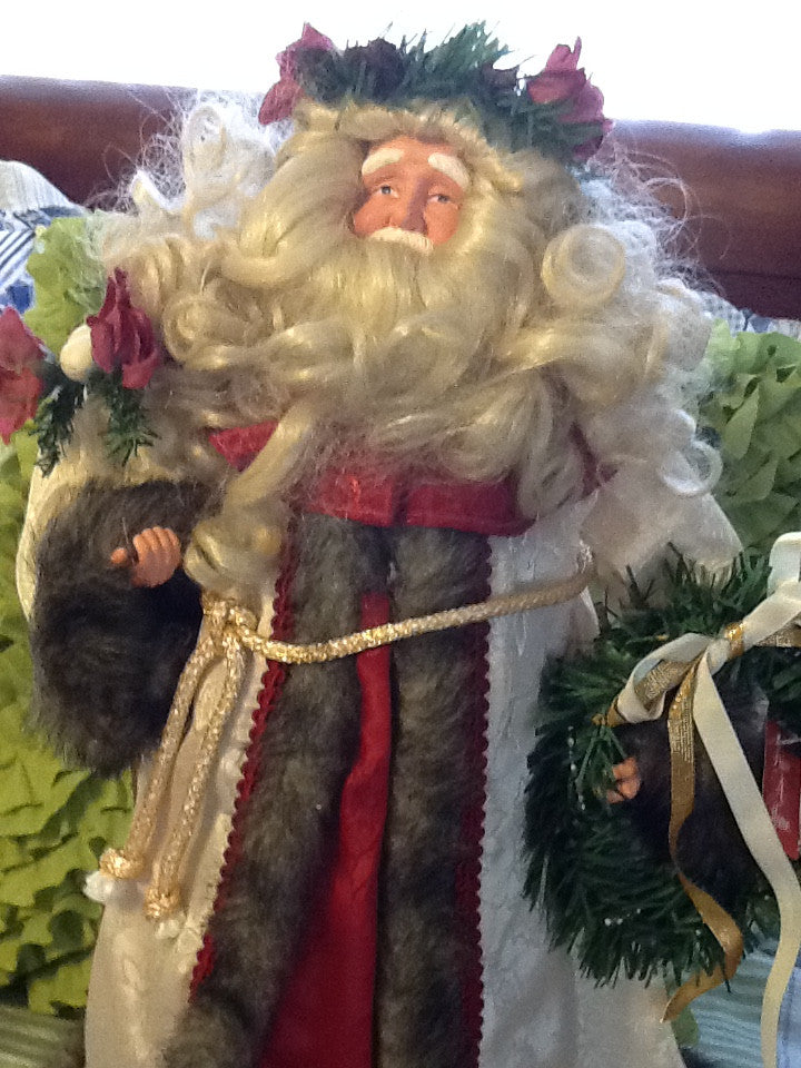 Santa Vintage Standing Cream Burgundy and Gray With Rose Flowers and W ...