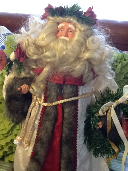 Santa Vintage Standing Cream Burgundy and Gray With Rose Flowers and W ...