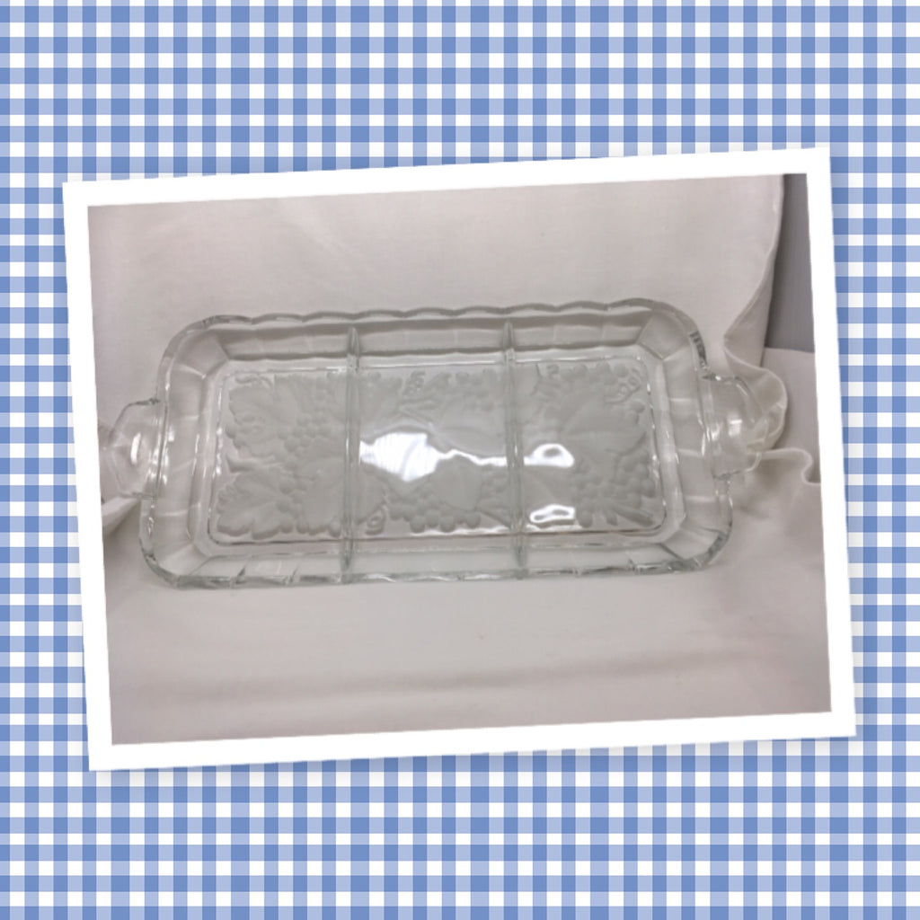 Vintage Rectangle 3 Section Relish Tray Clear Glass Frosted Grapes Lea ...