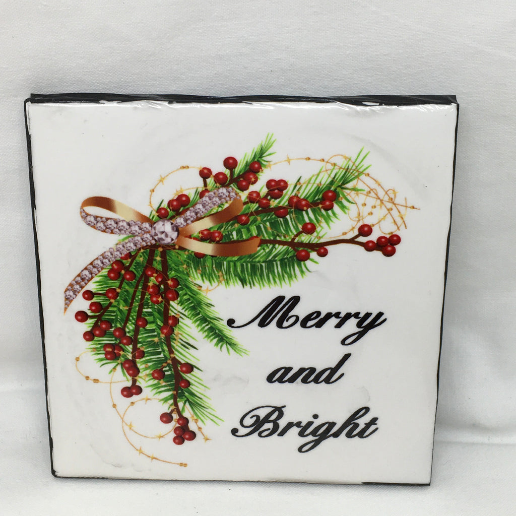 MERRY AND BRIGHT Wall Art Ceramic Tile Sign Gift Holiday Home Decor 4 ...