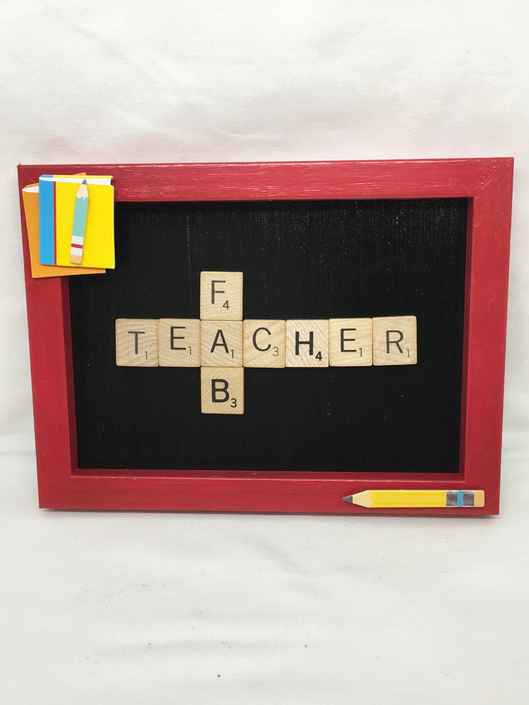 Wall Art Handmade Wooden Scrabble Pieces FAB TEACHER in Red Black Teac ...