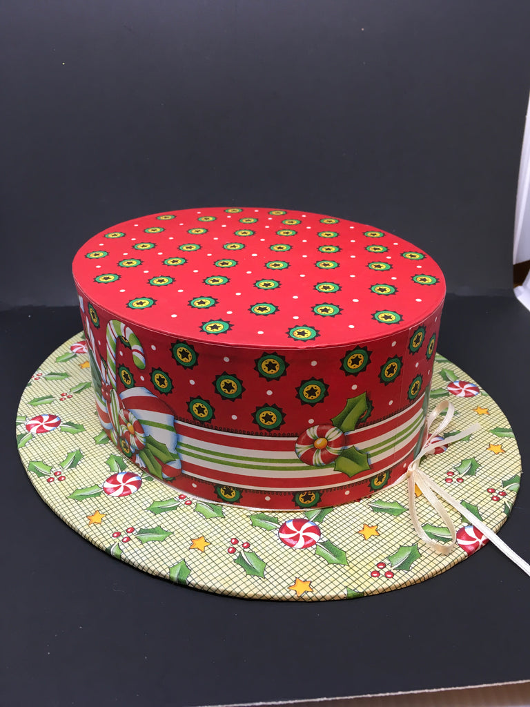 Hat Box Oval Hat Shaped Holly and Peppermint Accents Cardboard Storage ...