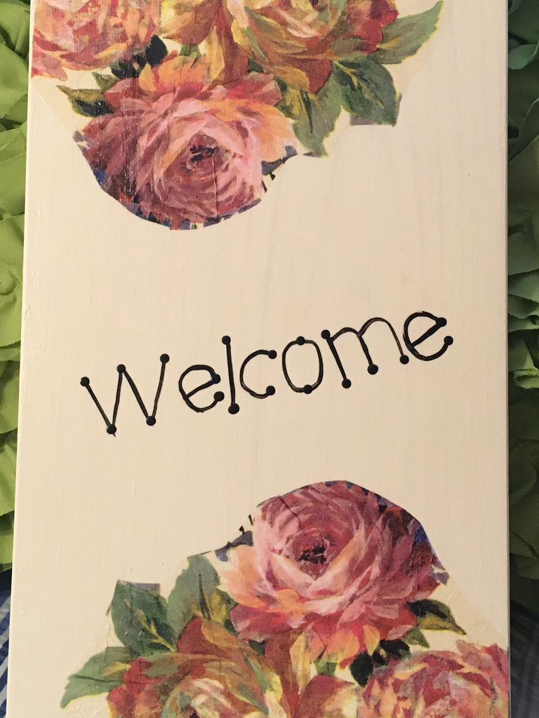 WELCOME Wooden Sign Wall Art Hand Painted Decoupaged Floral Accents Af ...