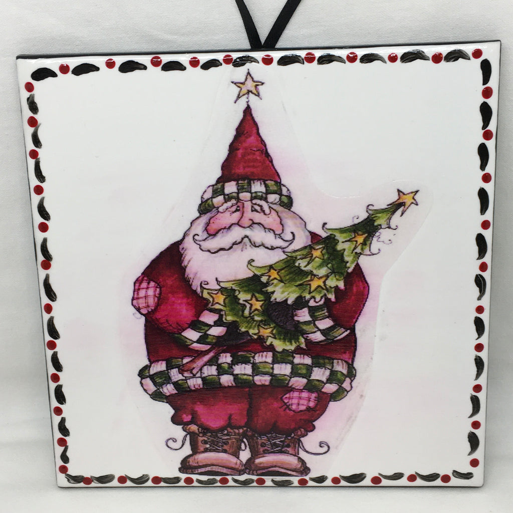 SANTA HOLDING TREE Wall Art Ceramic Tile Decoupaged Christmas Holiday ...