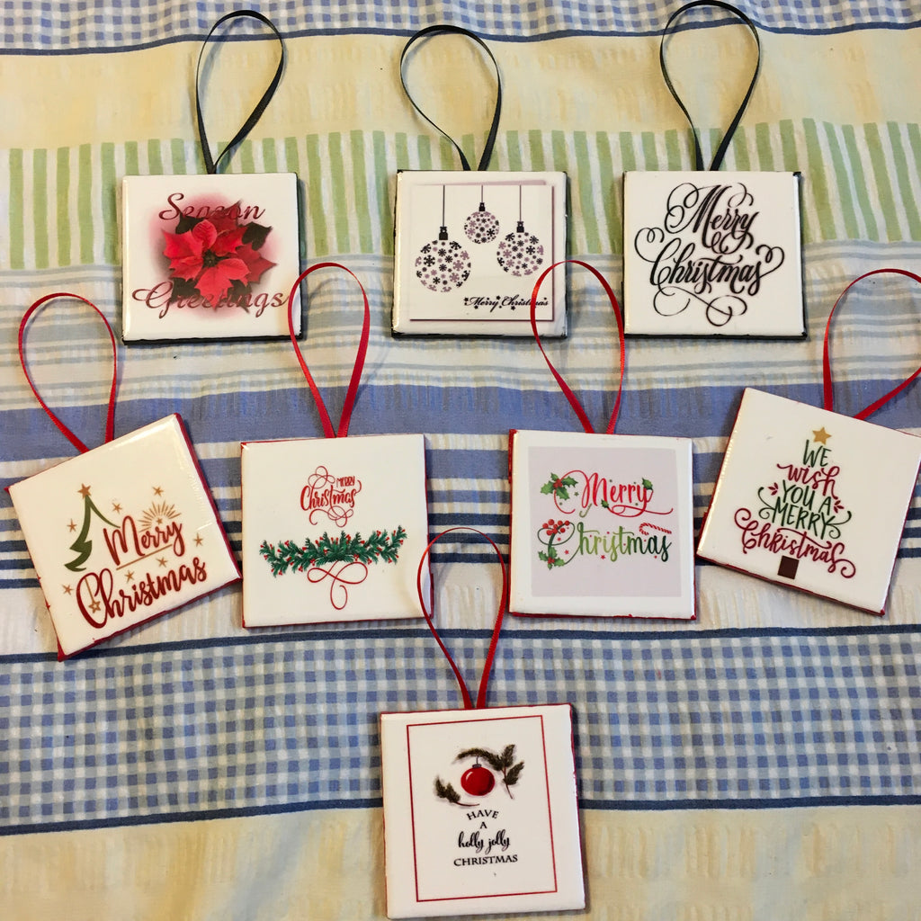 HOLLY JOLLY CHRISTMAS Ceramic Tile Ornament Gift Tree Decor Stocking S ...