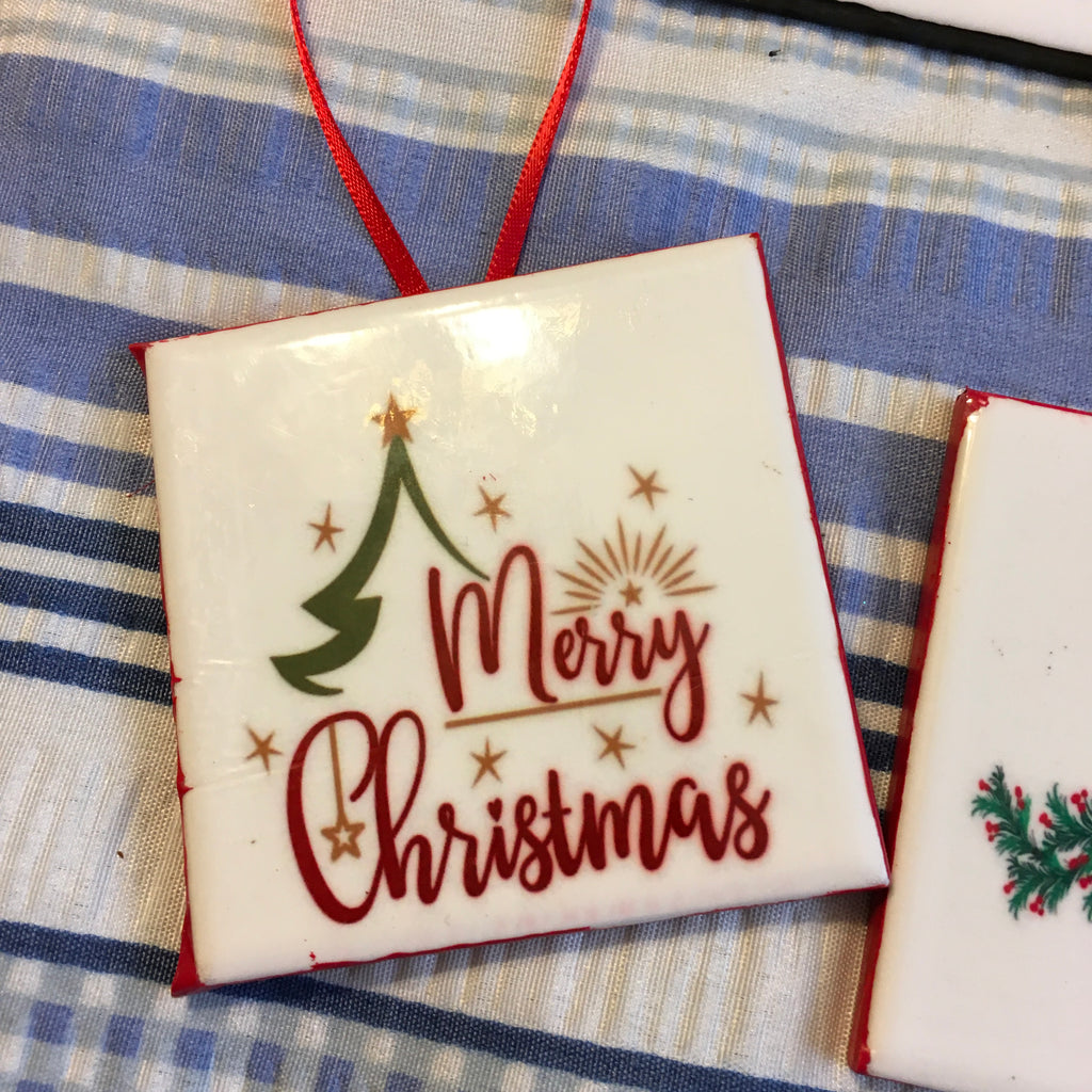 MERRY CHRISTMAS TREE Ceramic Tile Ornament Gift Tree Decor Stocking St ...